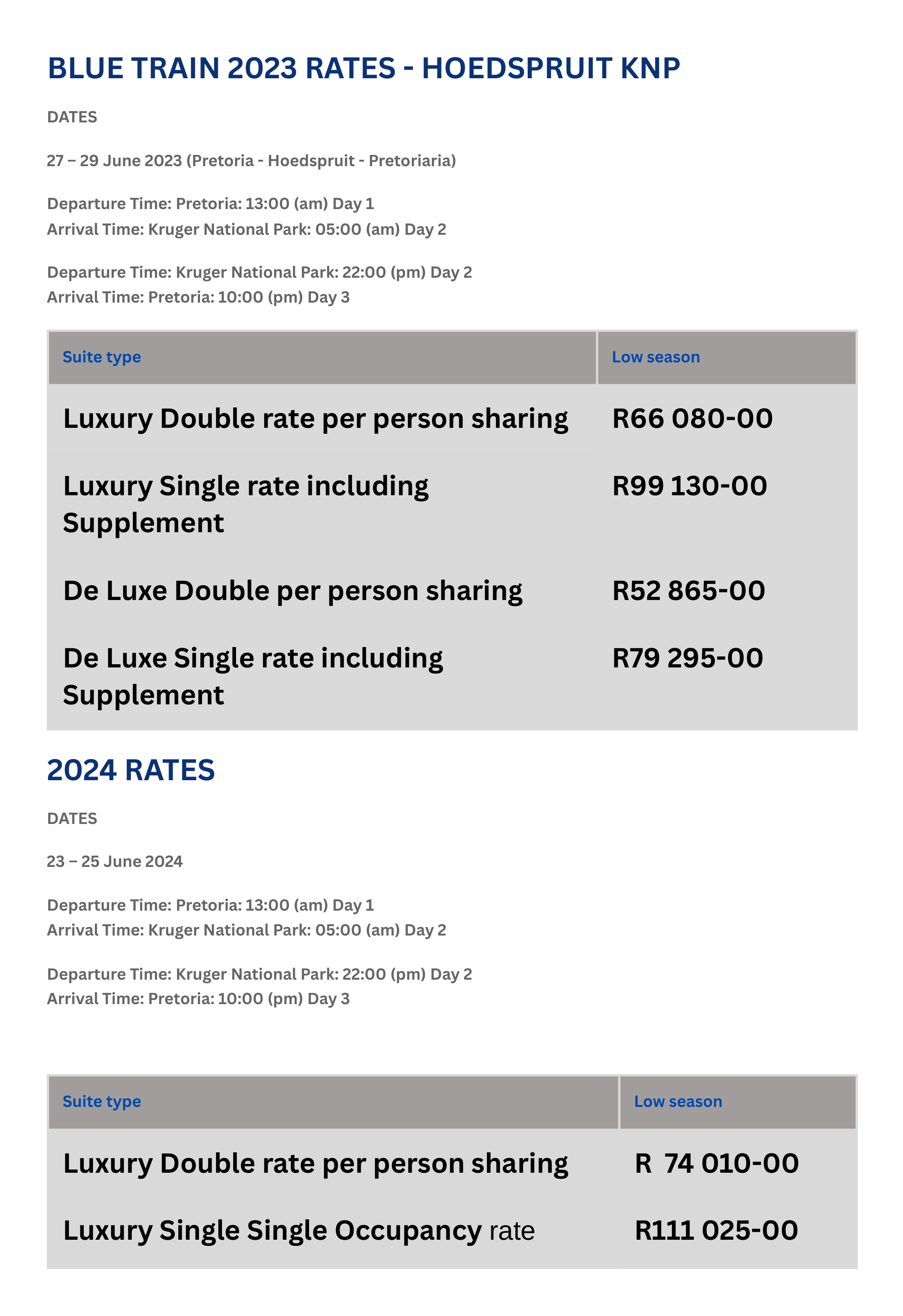 Blue Train Hoedspruit 2023-24 rates - Trains & Safaris